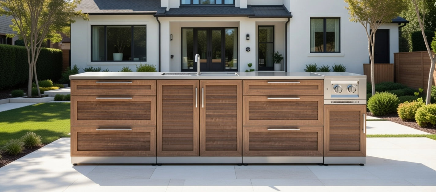 Outdoor Kitchen Stainless Steel Grove Double 3-Drawer, Sink and Side b ...